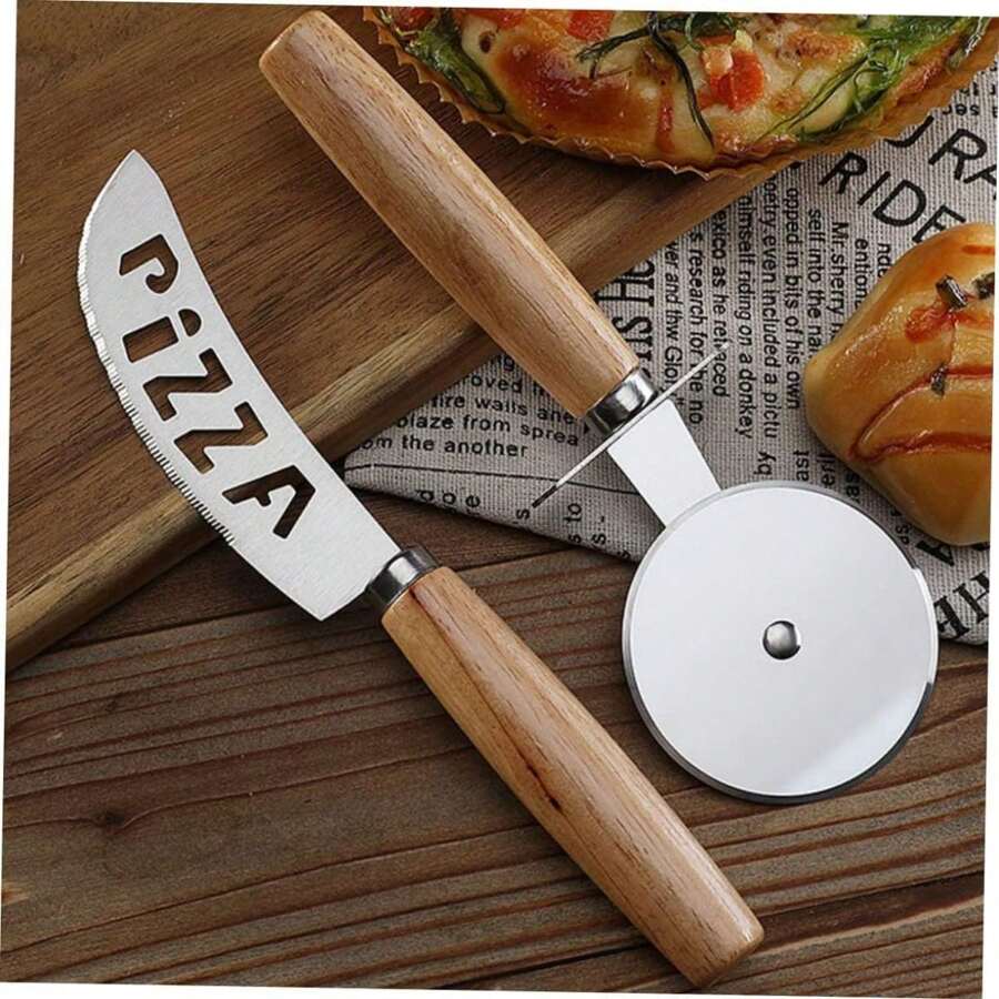 Stainless Steel Pizza Cutter Kit With Wooden Handle | Mode de Mujer ...