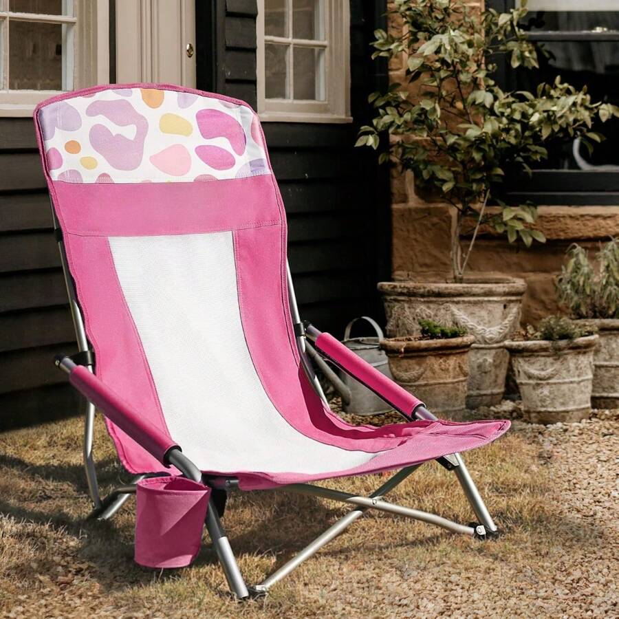 High Back Beach Chair, Mesh Back Folding Chair, Lightweight Low Seat ...