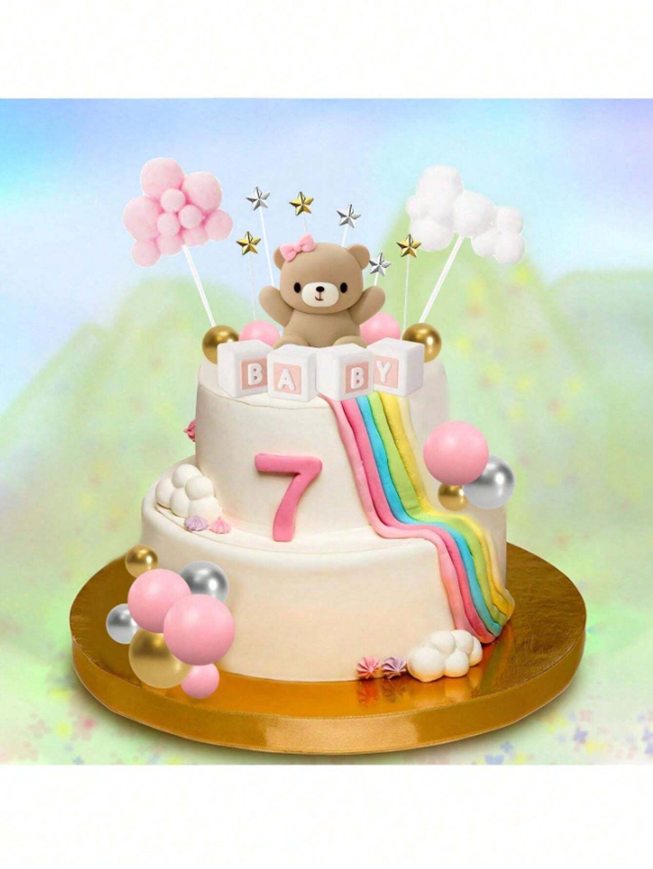 38 Pieces Pink Bear Cake Toppers, Teddy Bear Star Clouds Gold Silver Pink Foam Ball Cake ...