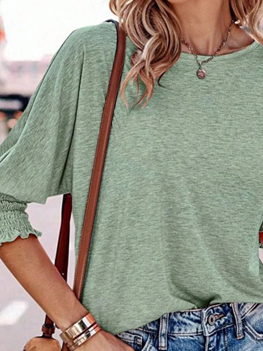 Cotton Mixed Solid Vintage Color Boho Retro Shirred Smocked Half Sleeve ...