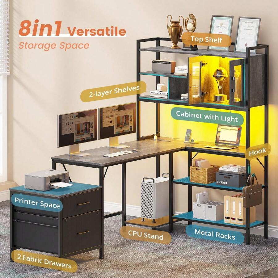 L Shaped Computer Desk With Bookshelf And LED File Cabinet, Gaming Desk ...