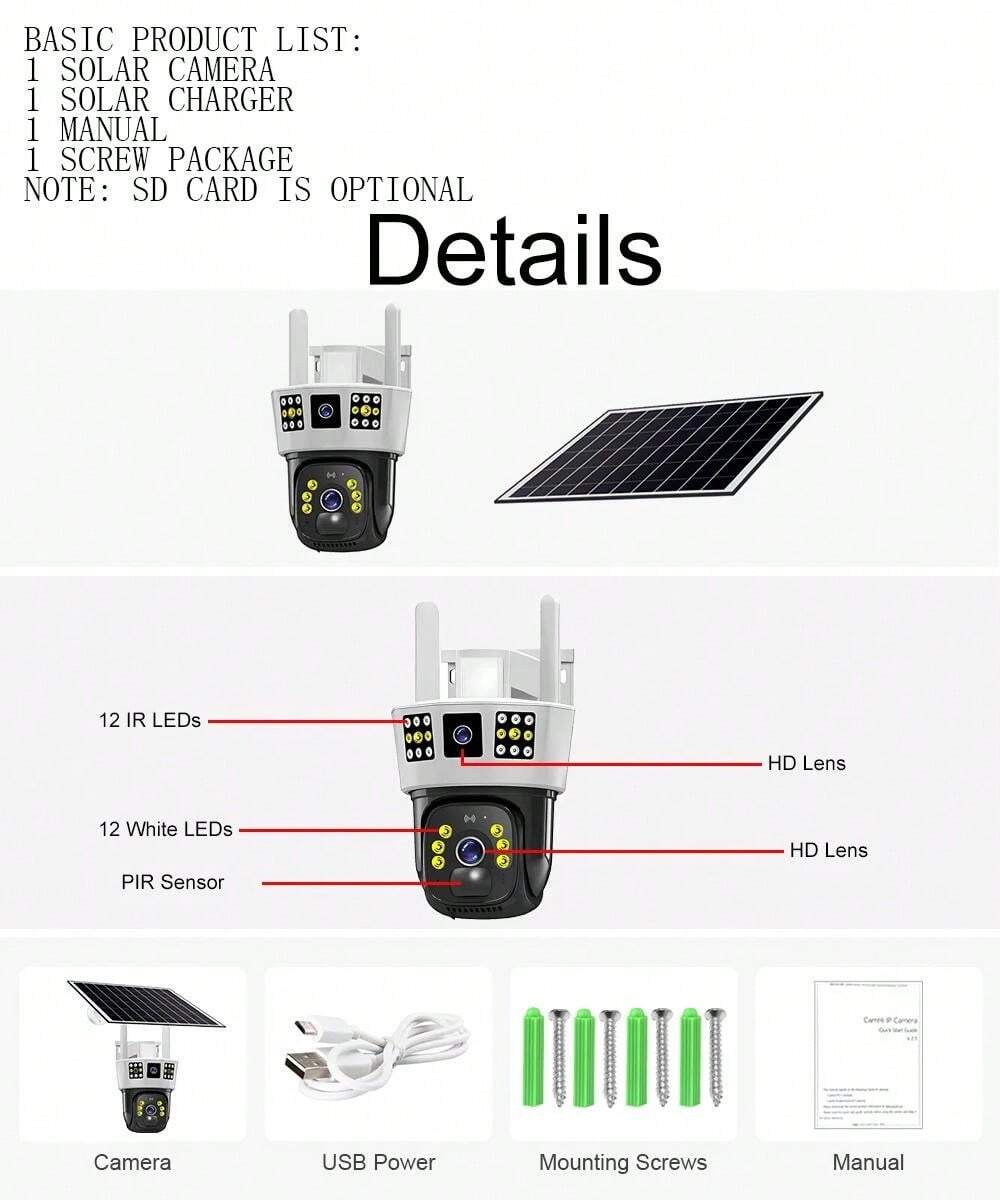 3-Screen Dual Lens V380 Pro 12MP 6K PTZ Wifi Solar Powered CCTV ...
