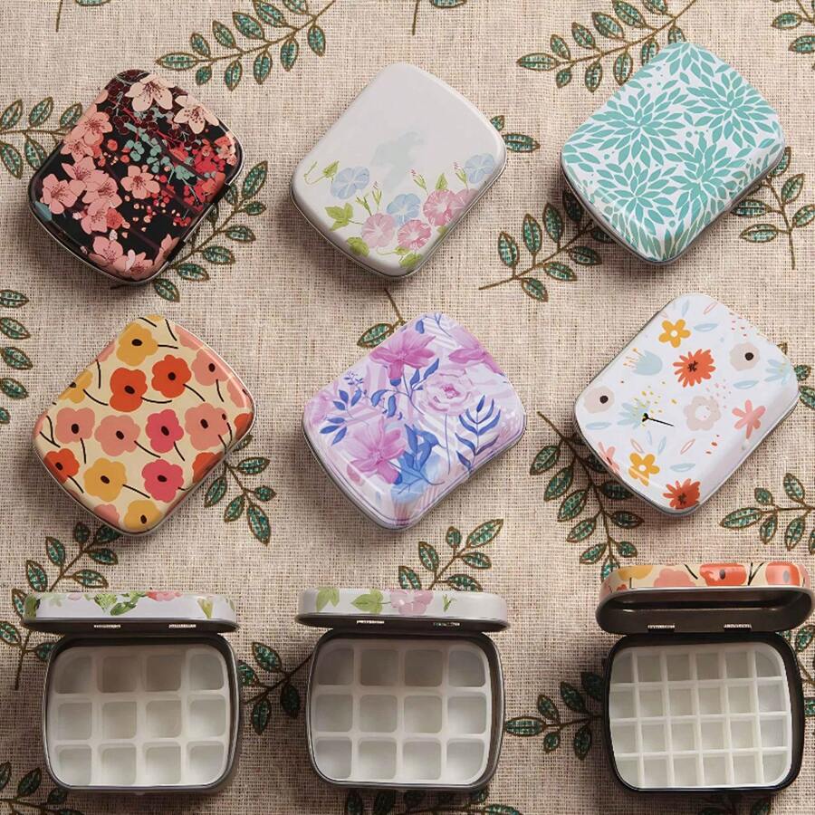 12-Well Floral Watercolor Paint Palette, Tin Metal Portable Mini Color ...