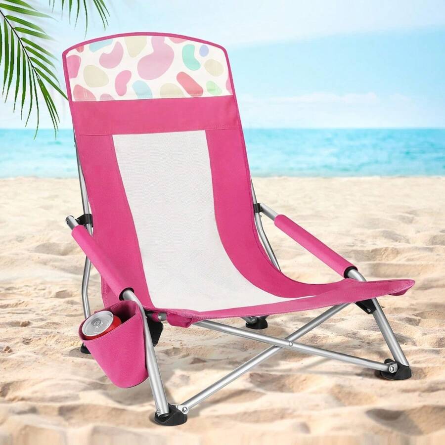 High Back Beach Chair, Mesh Back Folding Chair, Lightweight Low Seat ...