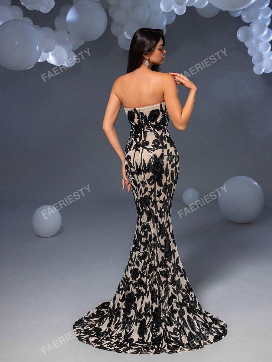 Faeriesty Floral Sequin Mermaid Hem Tube Party Dress Black Elegant Formal Evening Prom Wedding ...