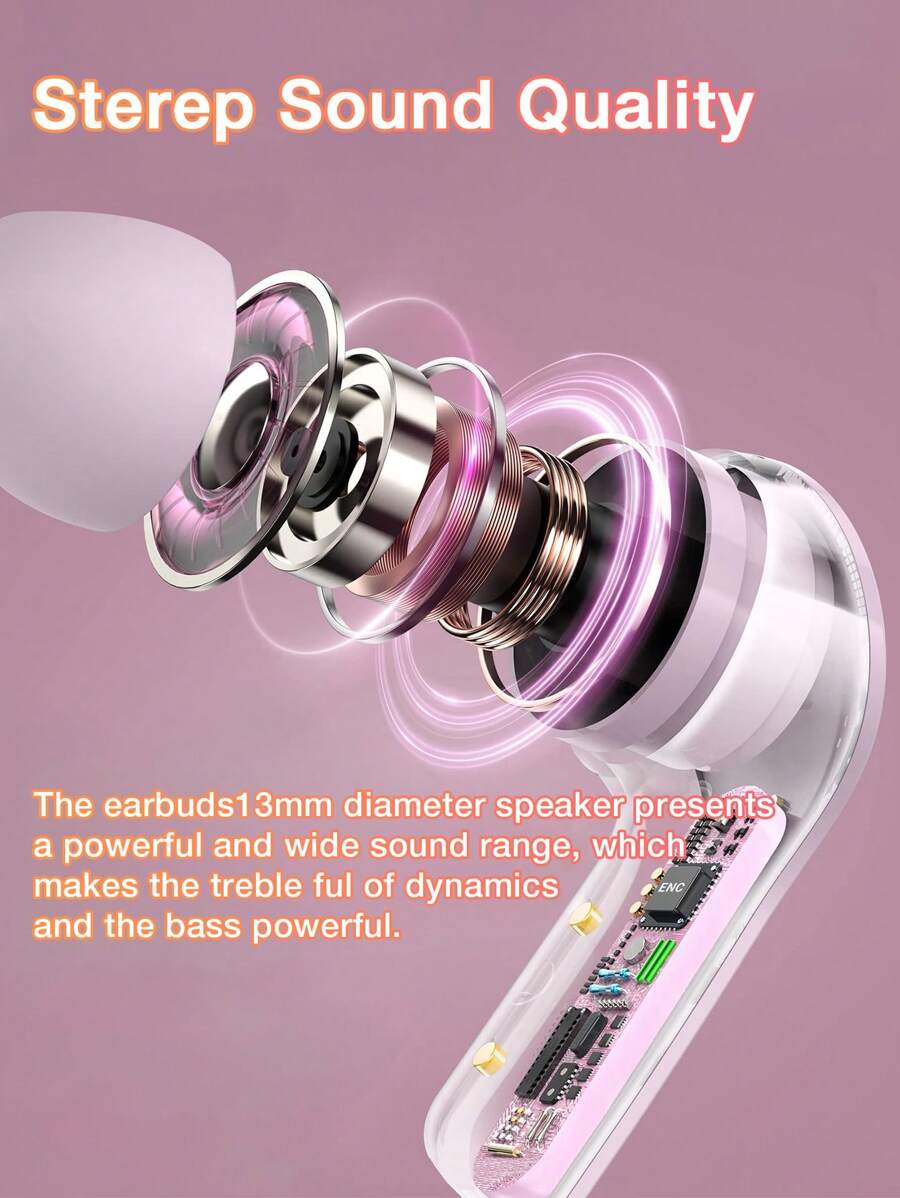 Wireless Earbuds, Headphones With ENC Noise Canceling Translucent ...