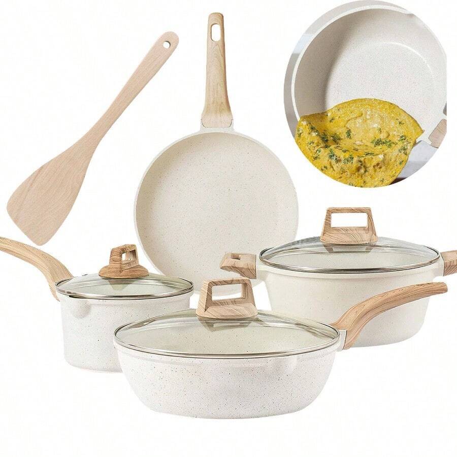 4 Piece Nonstick Cookware Set Induction Cookware White Granite Pots And ...