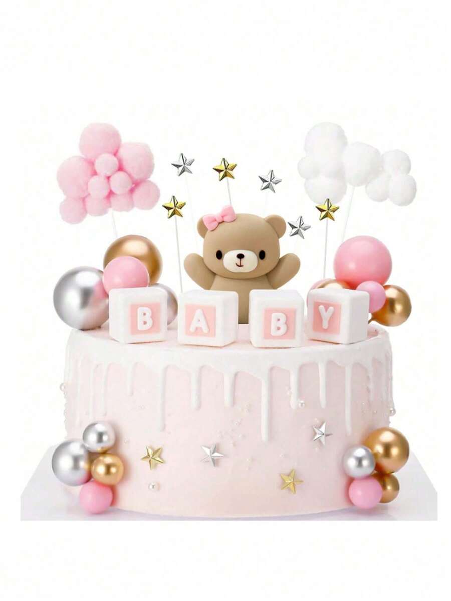 38 Pieces Pink Bear Cake Toppers, Teddy Bear Star Clouds Gold Silver ...