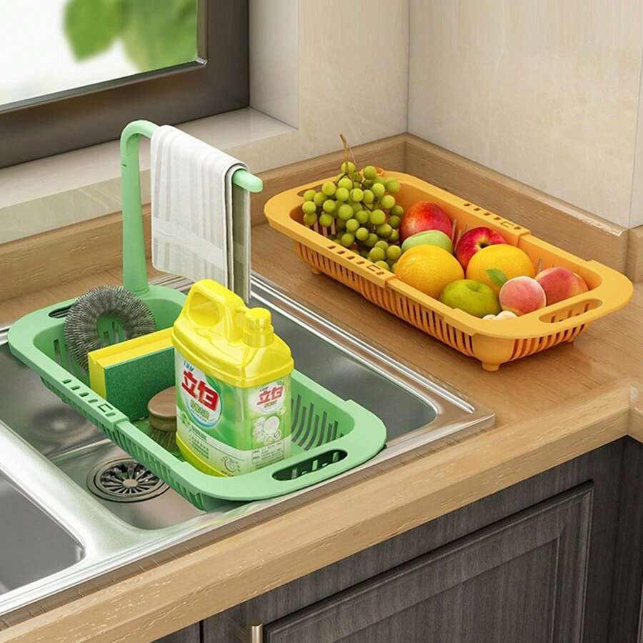 Adjustable Drain Basket, Modern Grey Plastic Fruit And Vegetable Drain ...
