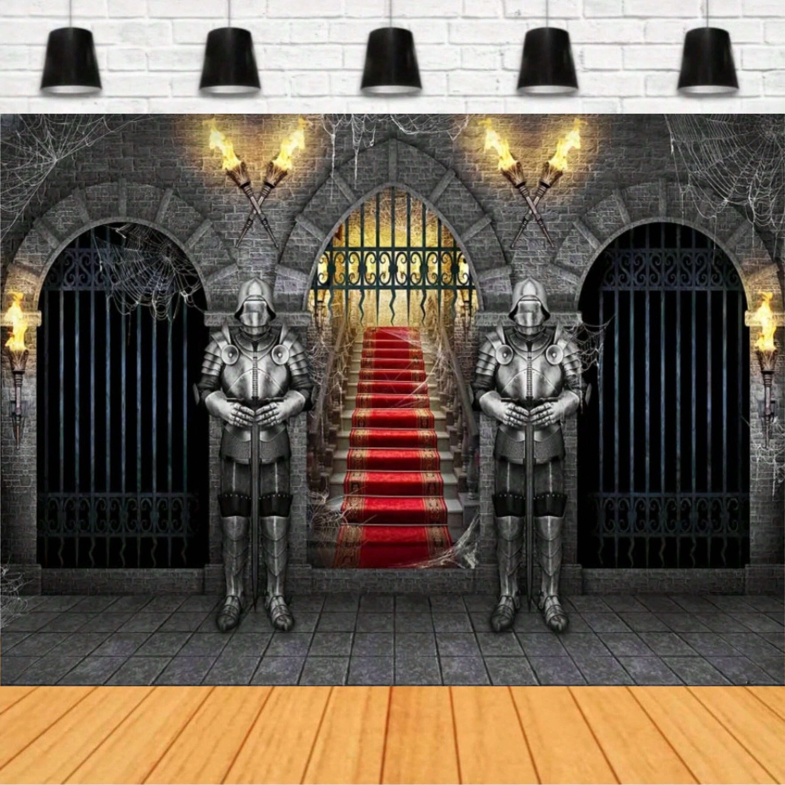 Medieval Castle Knight Banner Background Arch Torch Sword Shield Horror ...