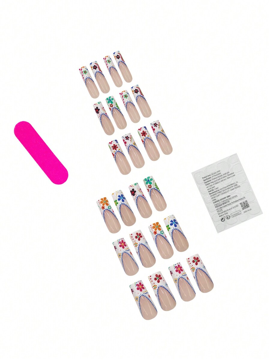 Rectangular Press Nails Colorful Daisy Flower Fake Nails, French Design ...