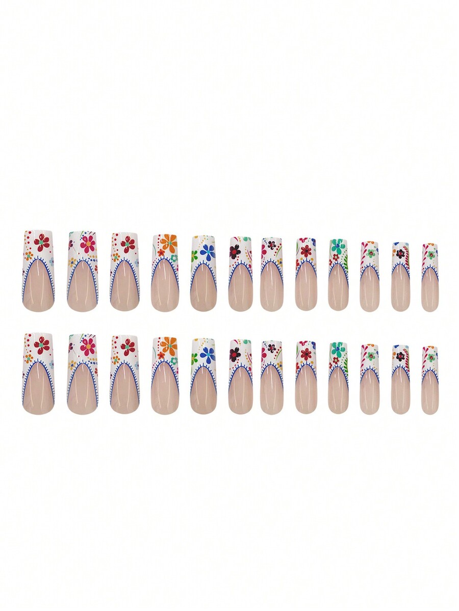 Rectangular Press Nails Colorful Daisy Flower Fake Nails, French Design ...