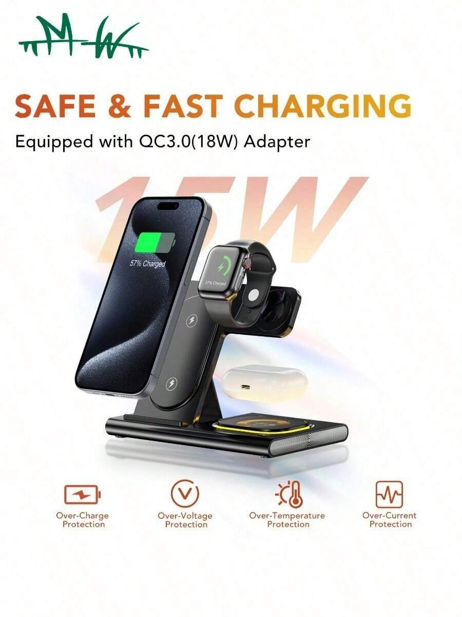 Wireless Charger Station, 4 In 1 Foldable 15W Fast Charging Wireless ...