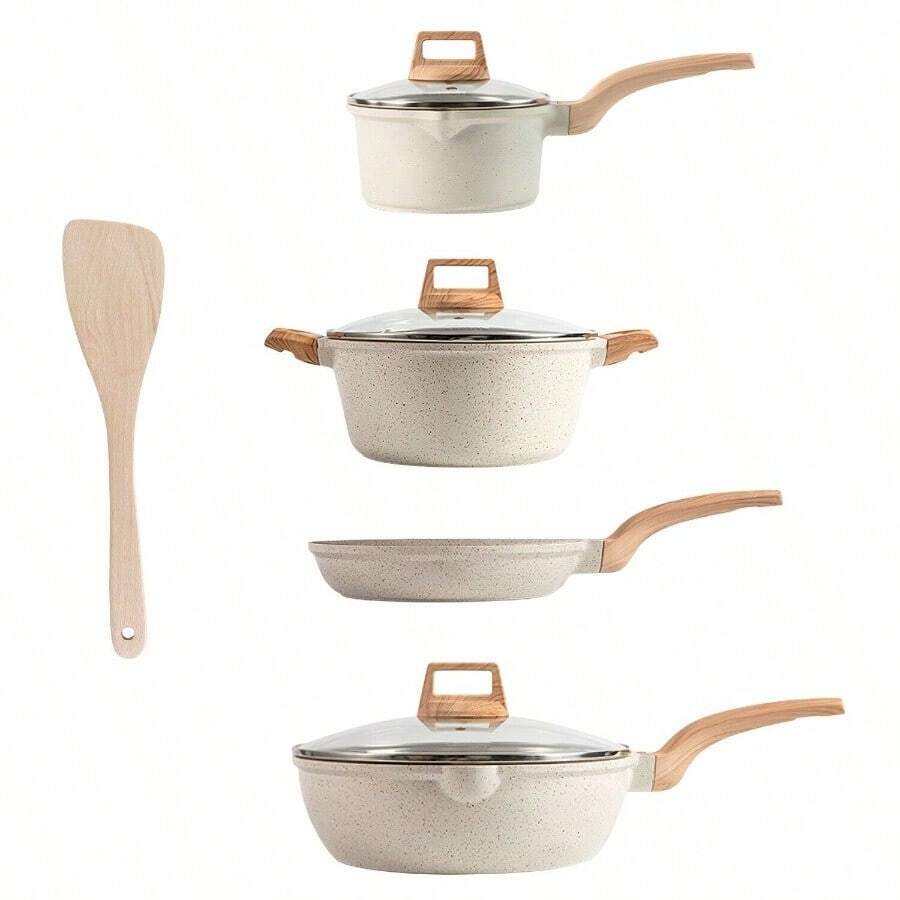 4 Piece Nonstick Cookware Set Induction Cookware White Granite Pots And ...