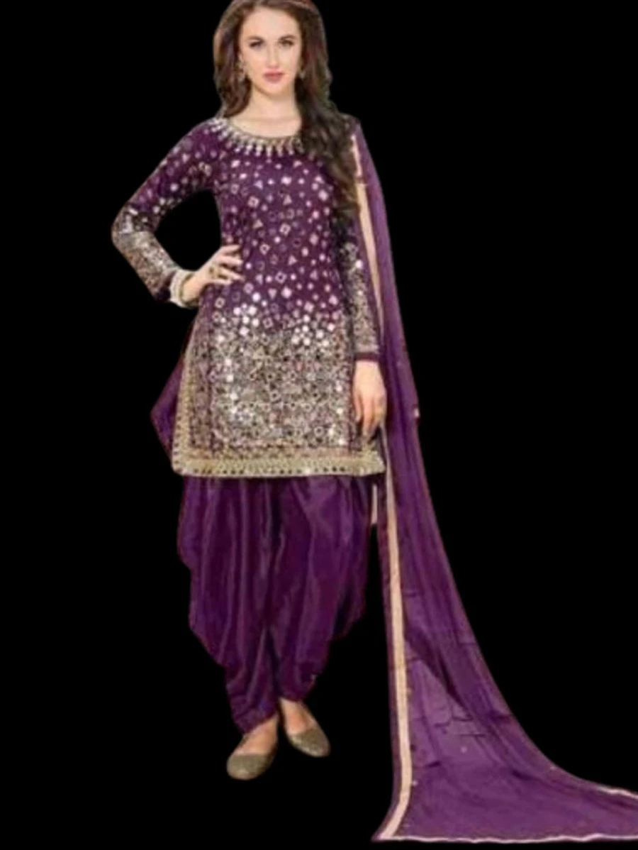 Wedding Pakistan Wear Readymade Resham Taffeta Silk Purple Heavy Mirror ...