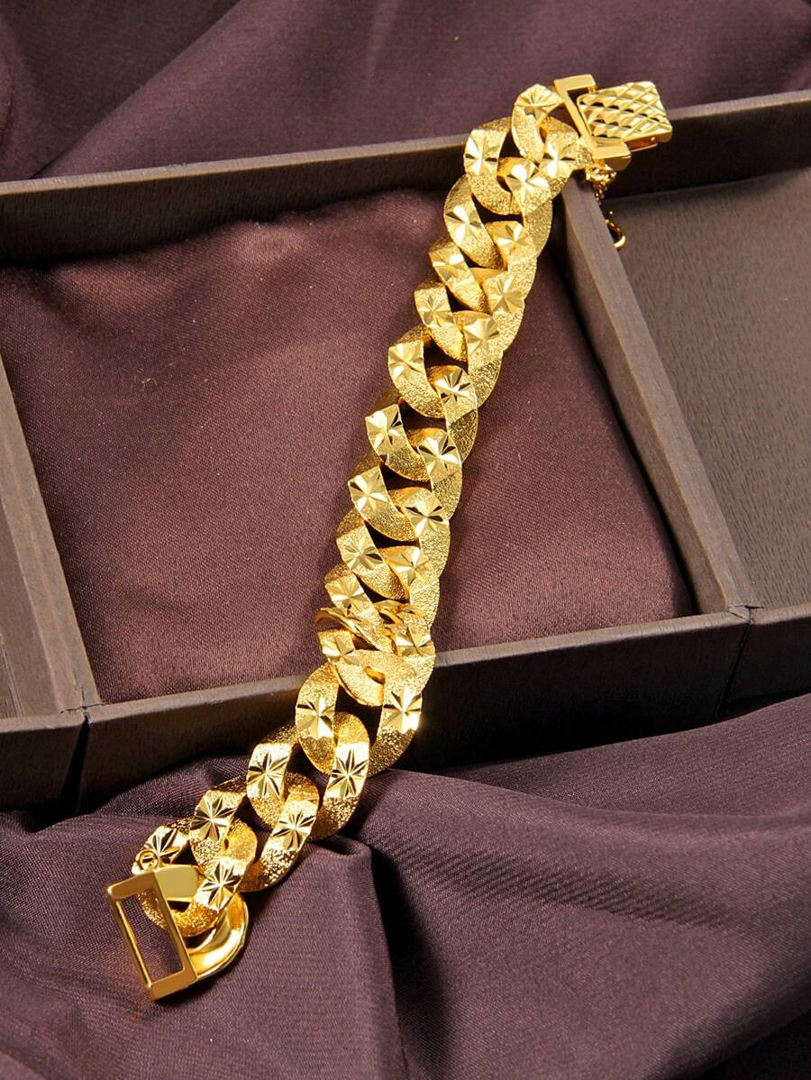 24K Gold Plated Men's Bracelet, Korean Chain Shiny Sand Car Flower Punk ...