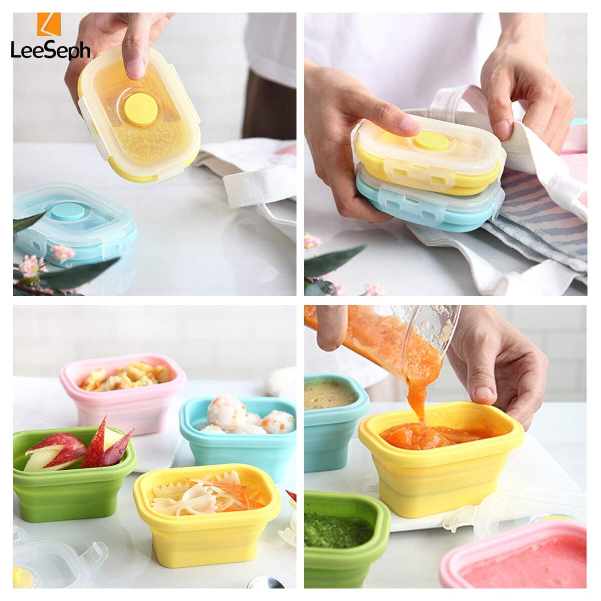 4 Packs Collapsible Silicone Food Storage Container Set, Leakproof ...