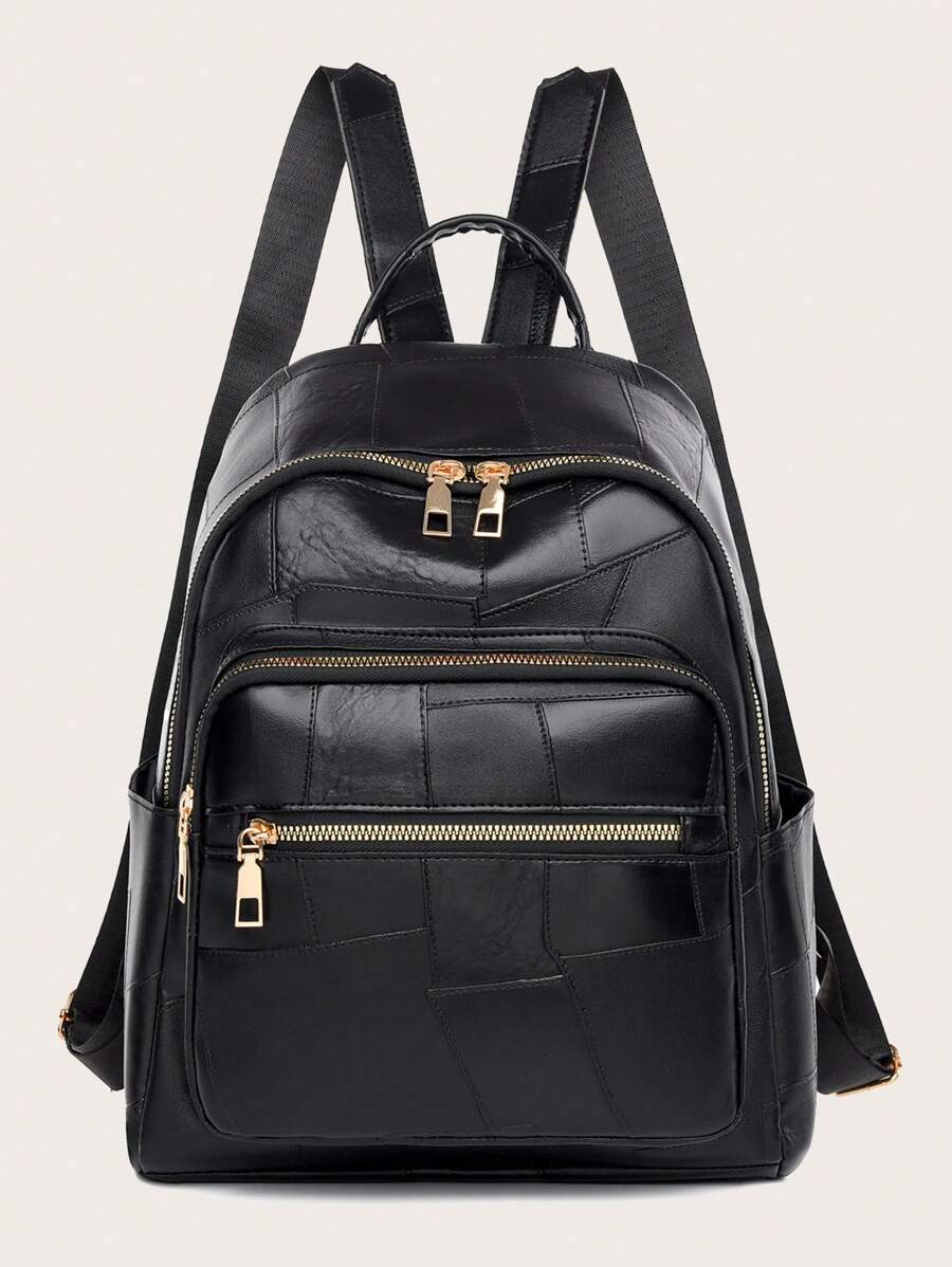 Versatile Solid Color Patchwork PU Leather Backpack For Women, Fashion Large Capacity Outdoor ...