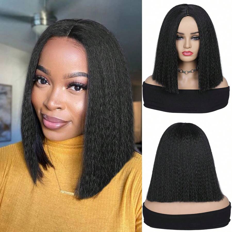 Kinky Straight Black Bob Wig 12 Inch Light Yaki Straight Short Bob Wig ...