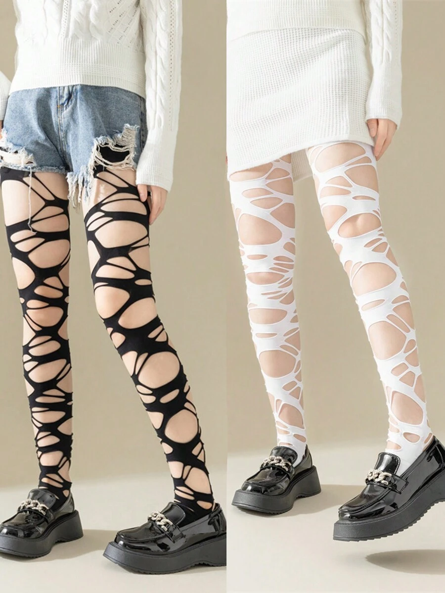 2Pairs Women Fishnet Tights Ripped High Stretch Y2K Pantyhose Sexy ...