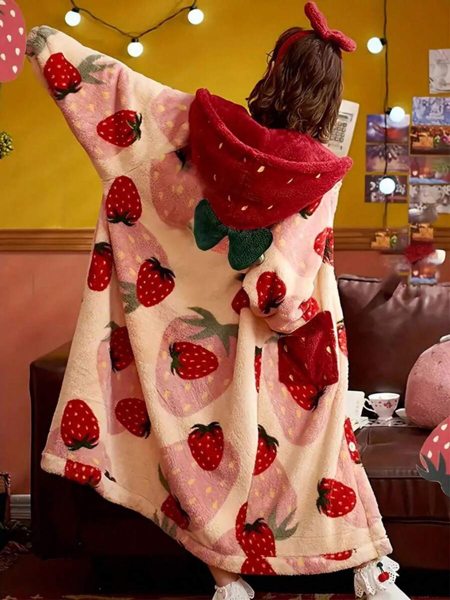 Strawberry Print Hooded Casual Robe, Christmas Gift Long Sleeve Warm ...