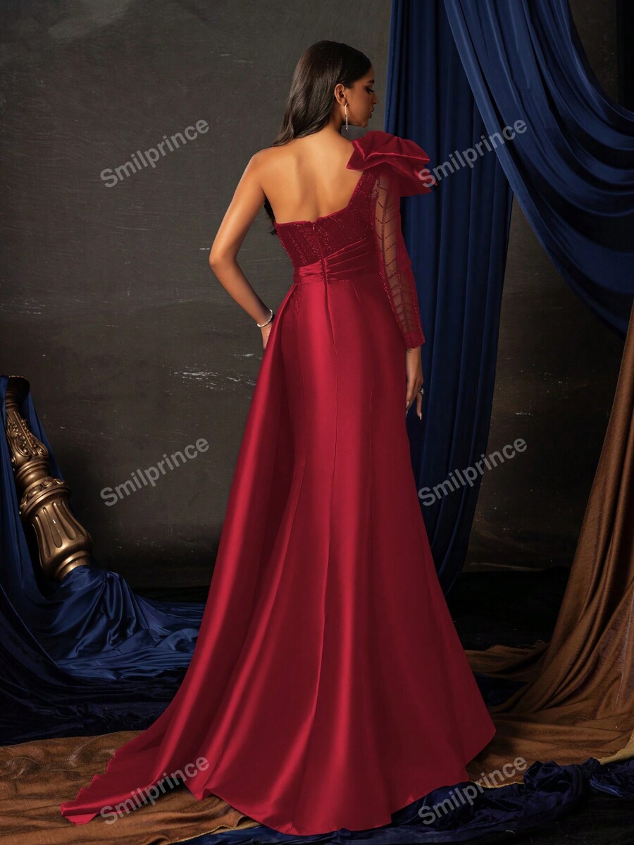 Smilprince Robe de soirée en satin rouge asymétrique avec détail de ...