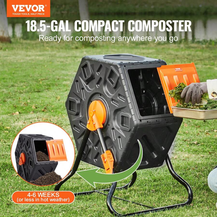 VEVOR Compost Bin, 18.5-Gal Composting Tumbler, Compact Single Rotating ...