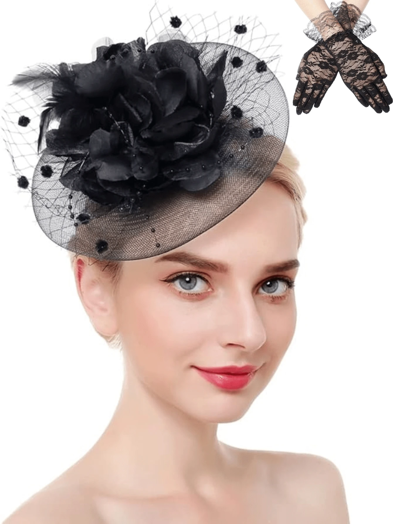 One Set Black Lace Gloves And Women Fascinator Hats Mesh Flower Feather ...