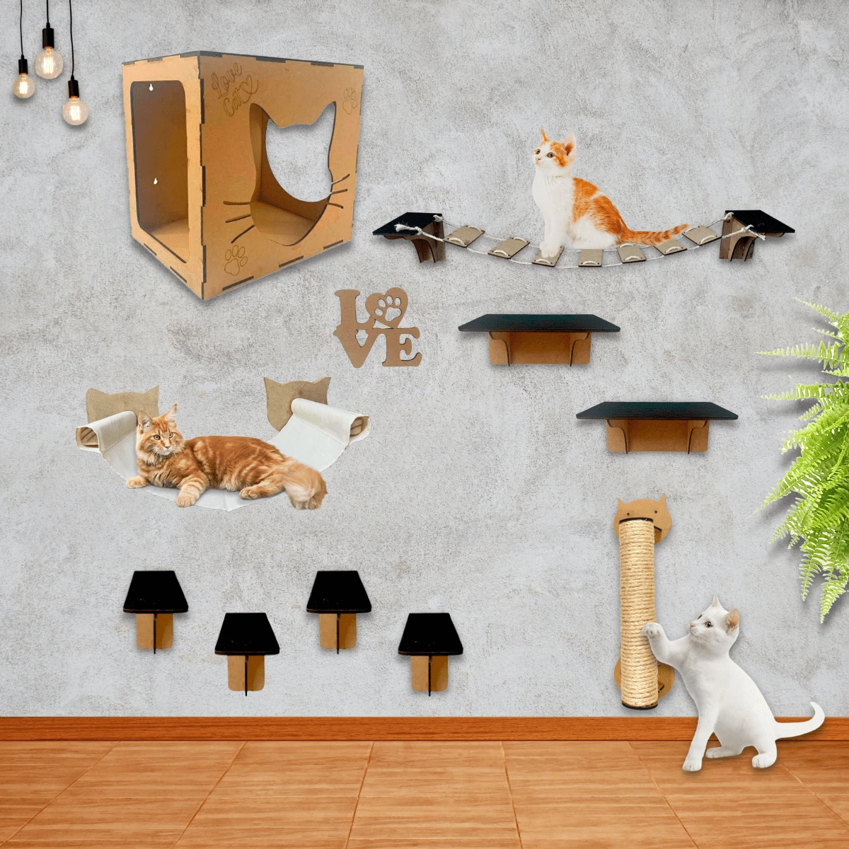 Paraiso MDF Group 10-Piece Wall-Mounted Cat Playground With Hammock And ...