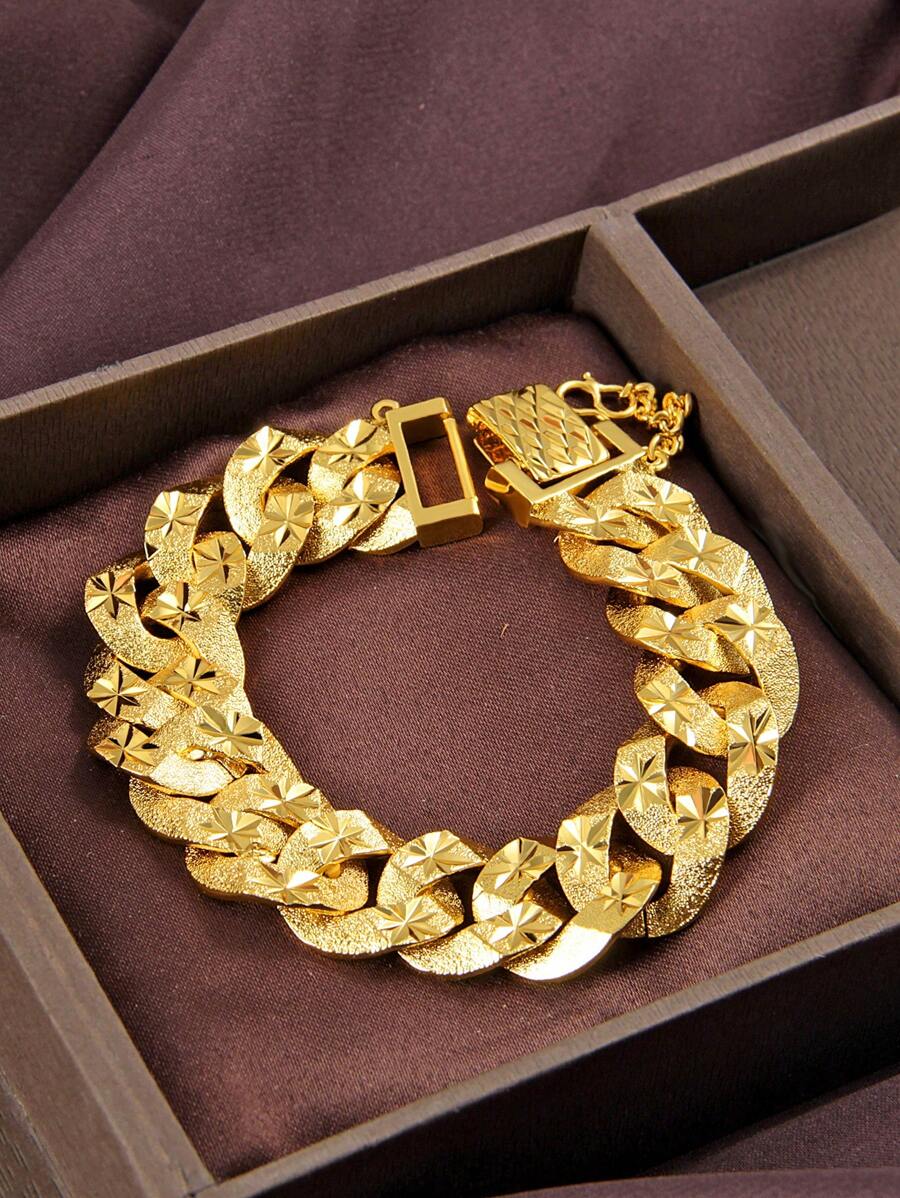 24K Gold Plated Men's Bracelet, Korean Chain Shiny Sand Car Flower Punk ...