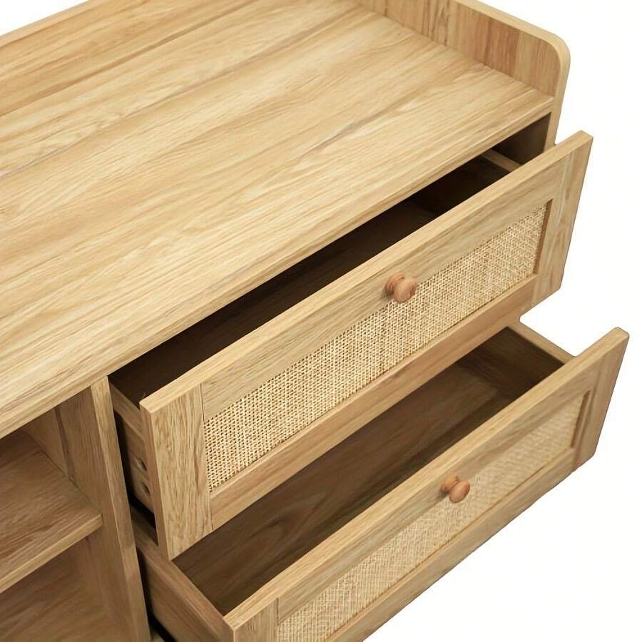 Medieval TV Cabinet With Wicker Decorated Doors, Spacious Cabinets, And ...