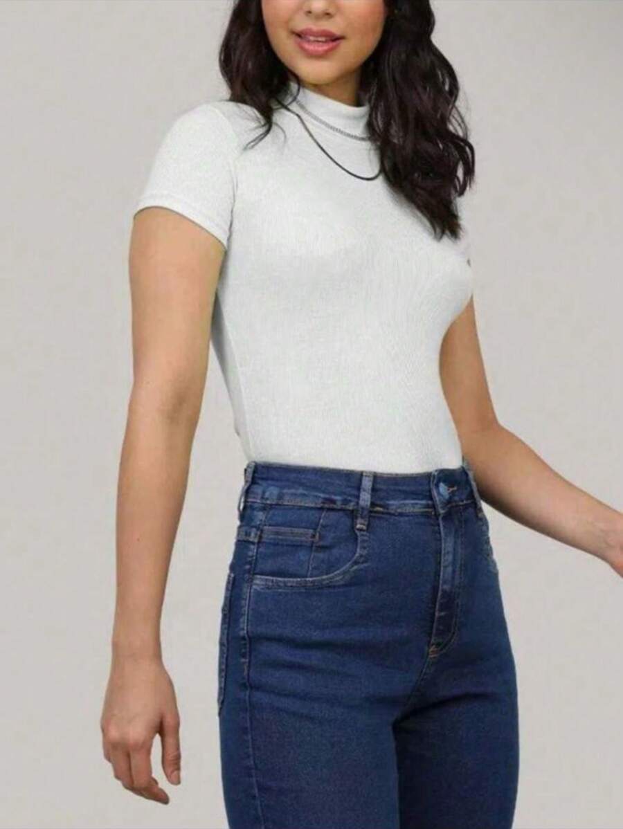 NEW BASIC HIGH NECK RIBBED CACHARREL BLOUSE | SHEIN USA