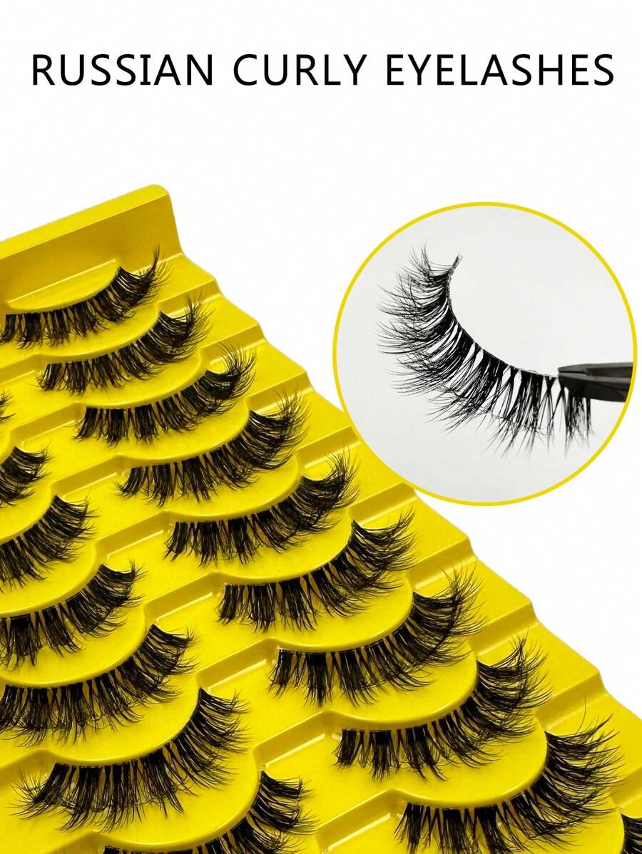 10 Pairs Russian Strip Lashes With Clear Bands D Curl Lash Strips For ...