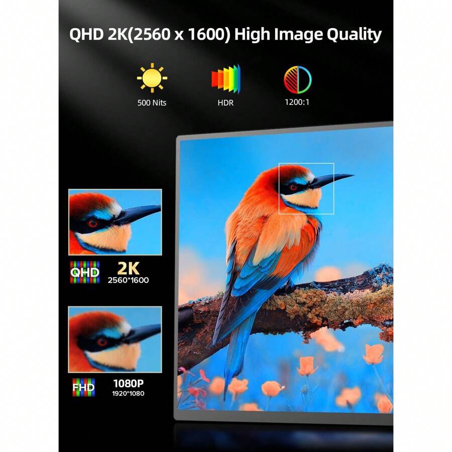 2K Portable Monitor 16" 500Nits 10 Bit Frameless USB C Portable Laptop ...
