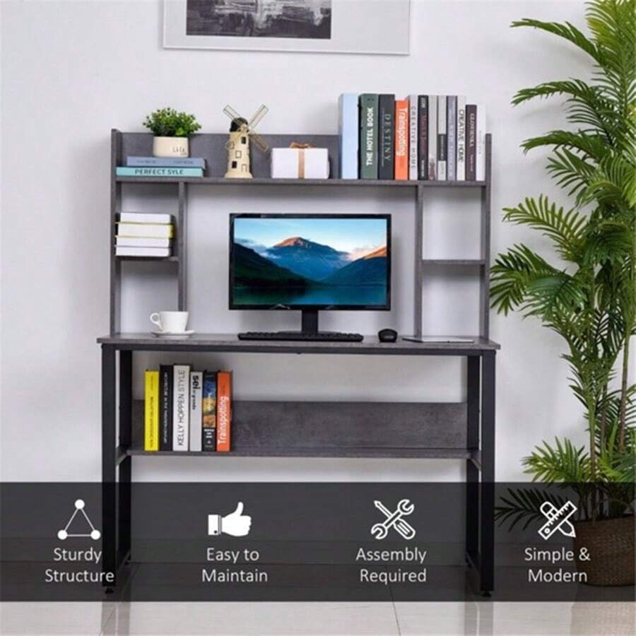 Simple Desktop Computer Desk Black Desk Bookshelf Integrated ...
