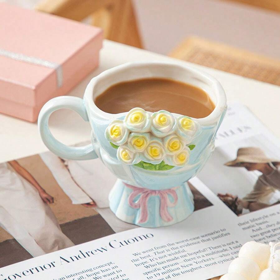 Handpainted 3D Rose Flower Glazed Ceramic Mug, Asymmetrical Shaped ...