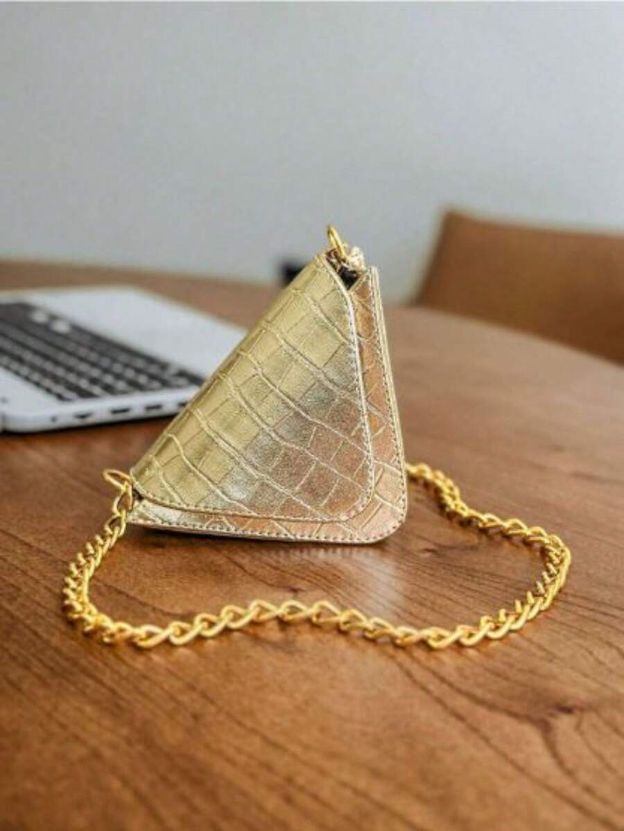 Mini Bag Bolsa Feminina Transversal Triangulo Pequena Metalizada Prata ...