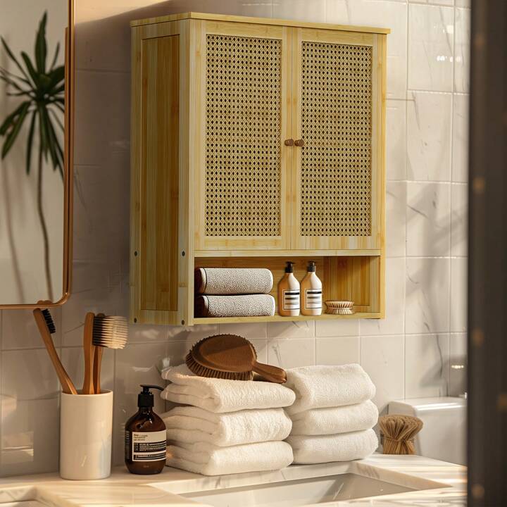 Wall Mounted Cabinet Storage Solid Modern Wood Bamboo Bathroom Wall Cabinet Over The Toilet Kitchen Wall Hanging Storage Cabinet With 3 Shelves Rattan Ventilation For Home Kitchen Organization SHEIN U...