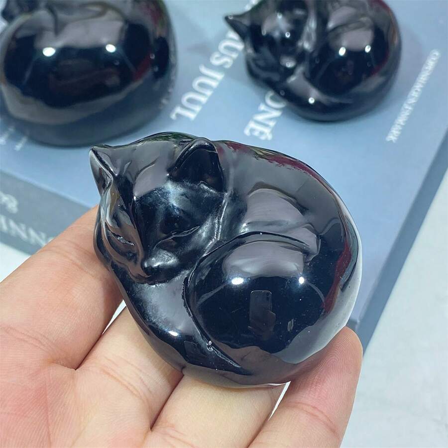 Natural Obsidian Cat , Black Cat Figurine , Black Cat Statue Gemstone ...