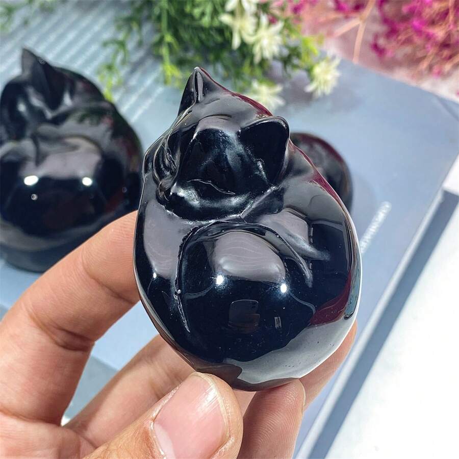 Natural Obsidian Cat , Black Cat Figurine , Black Cat Statue Gemstone ...