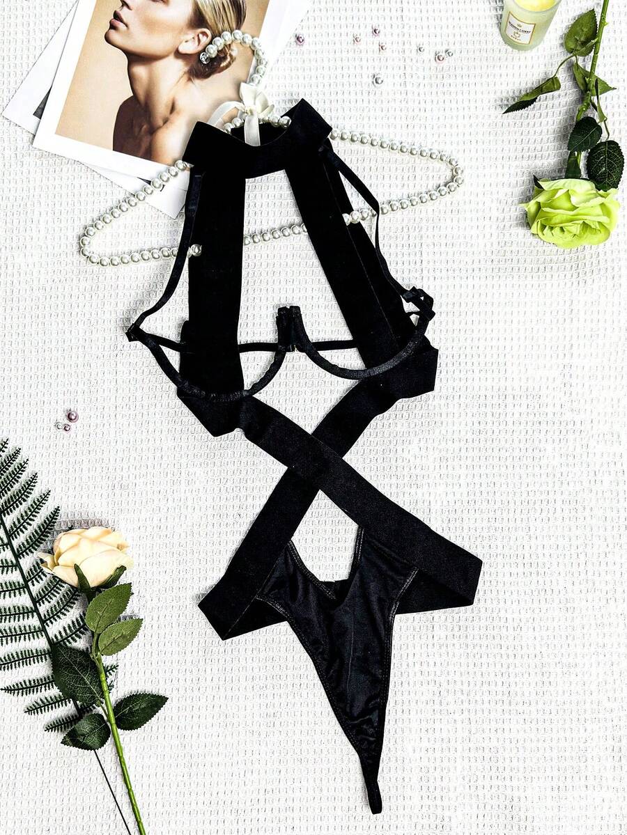 1pc Women's Sexy Black Backless Strappy Bodysuit, Bondage Uniform For ...