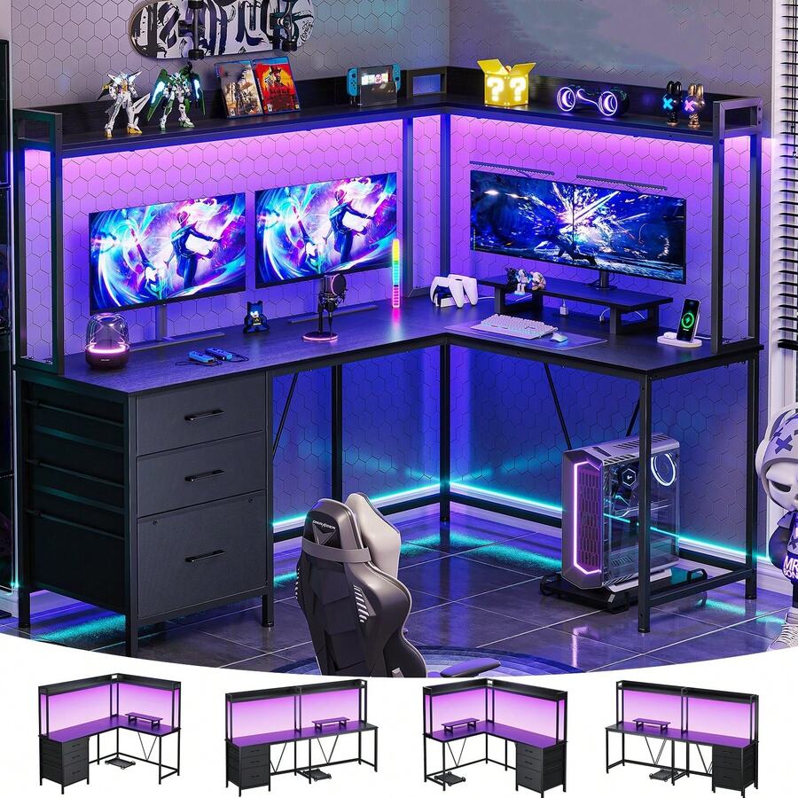 L Shaped Gaming Desk With Power Outlet And LED Lights, Reversible ...