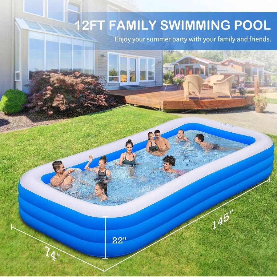 Inflatable Swimming Pool, 145" X 74" X 22" Extra Larger Thickened Blow ...