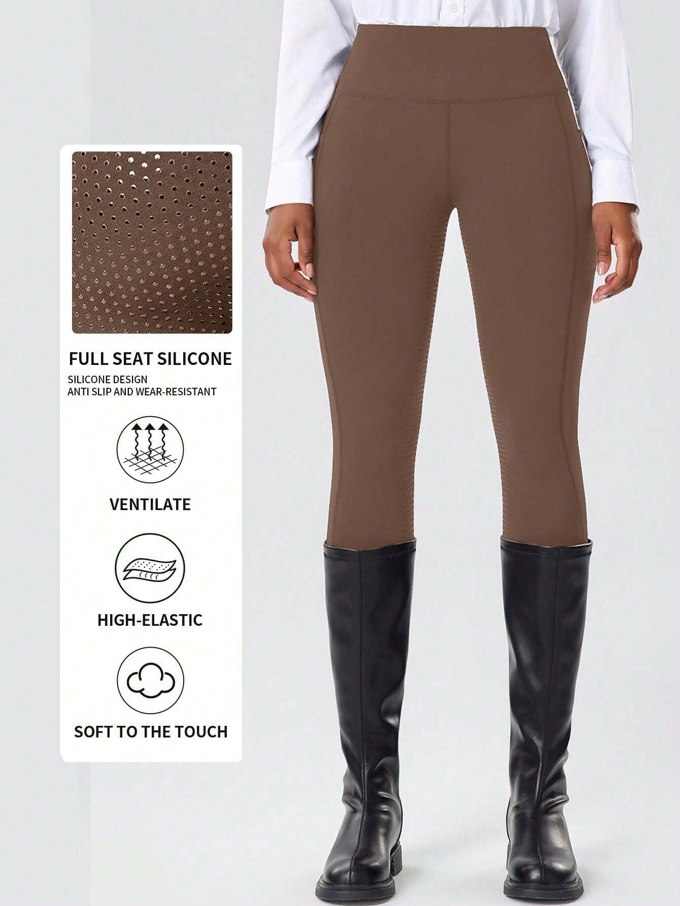 Pantalones ecuestres de cintura alta para mujer con bolsillos, asiento completo de silicona ...