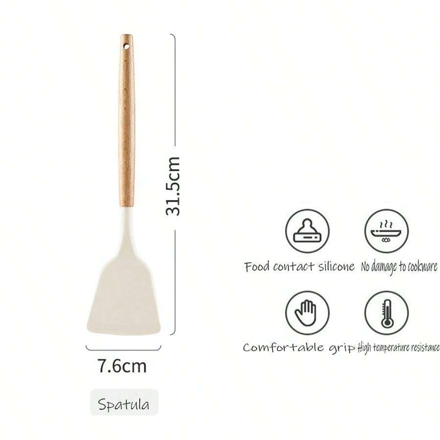 Solid Wood Handle Silicone Kitchenware, High-Temperature Resistant ...