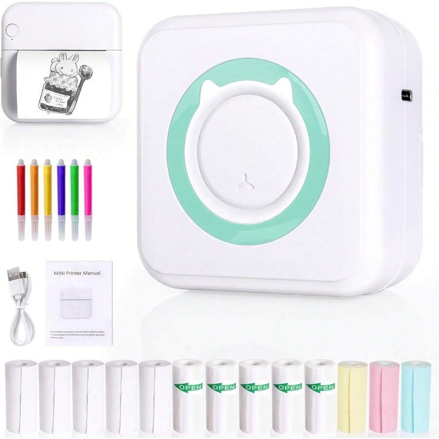 Mini Tragbarer Drucker Mit 13 Rollen Thermopapier Und 1 Zusätzlicher