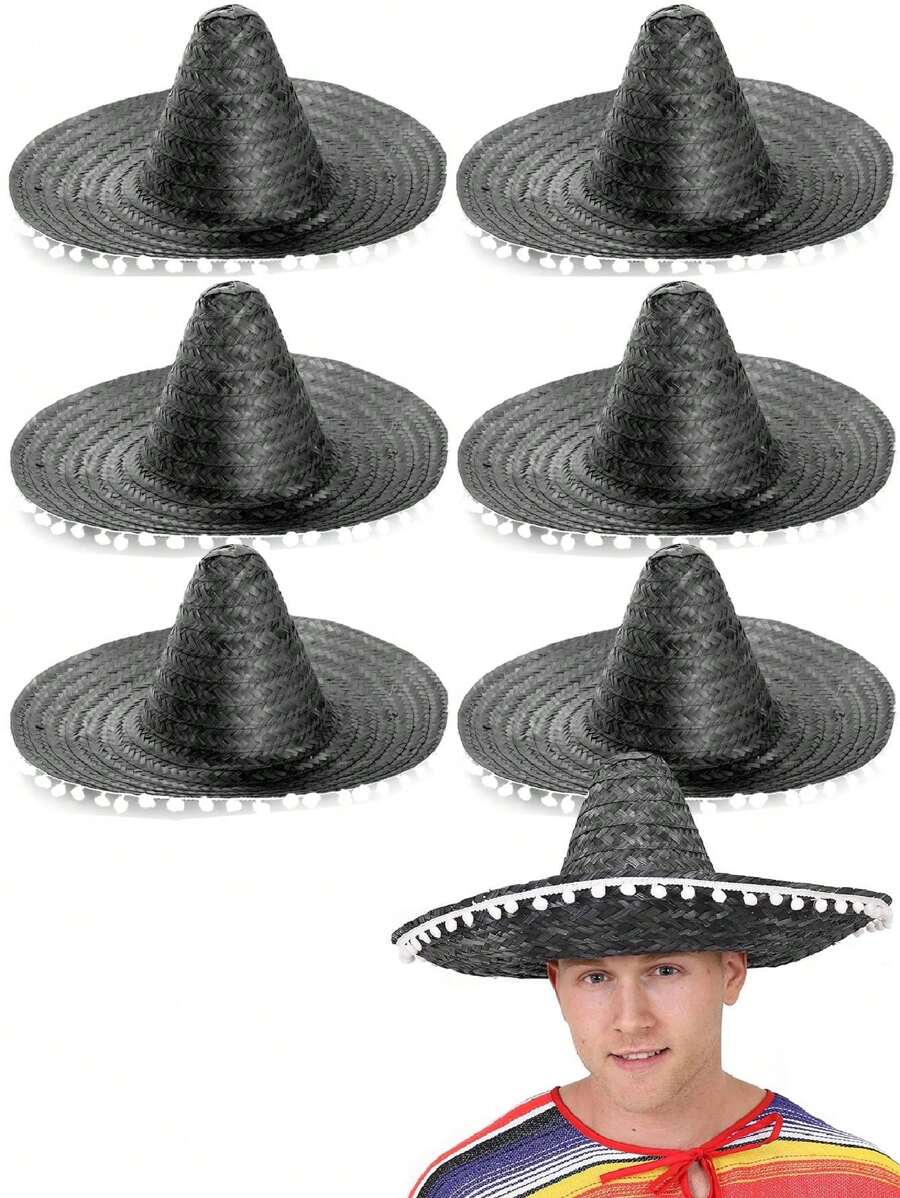 Pack Of 6 Mexican Sombrero Hats Straw Adults Mens Womens Wild Western ...