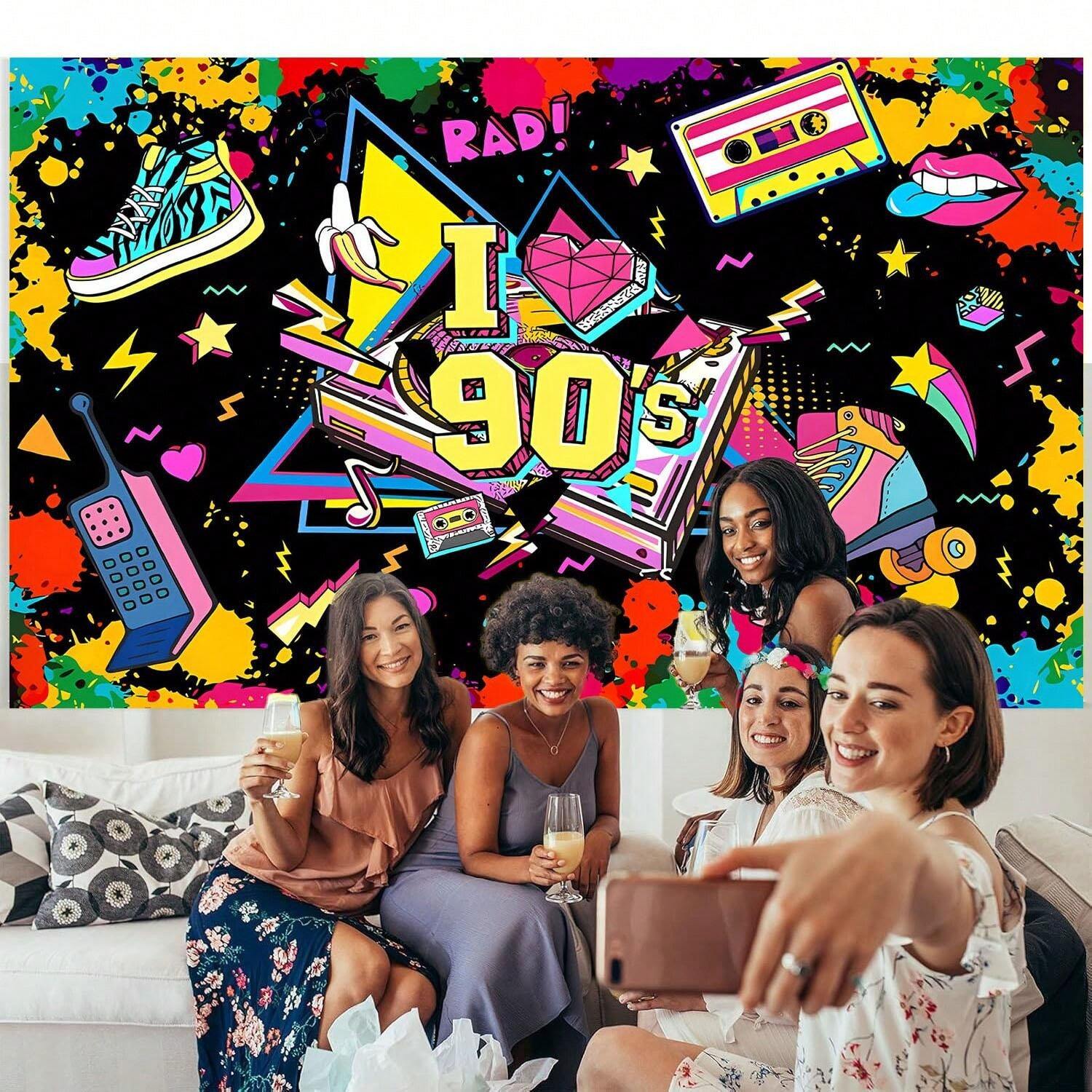90s Theme Party Backdrop Banner, 82.7 * 59.1/59.1 * 39.4/39.4 * 29.5 ...
