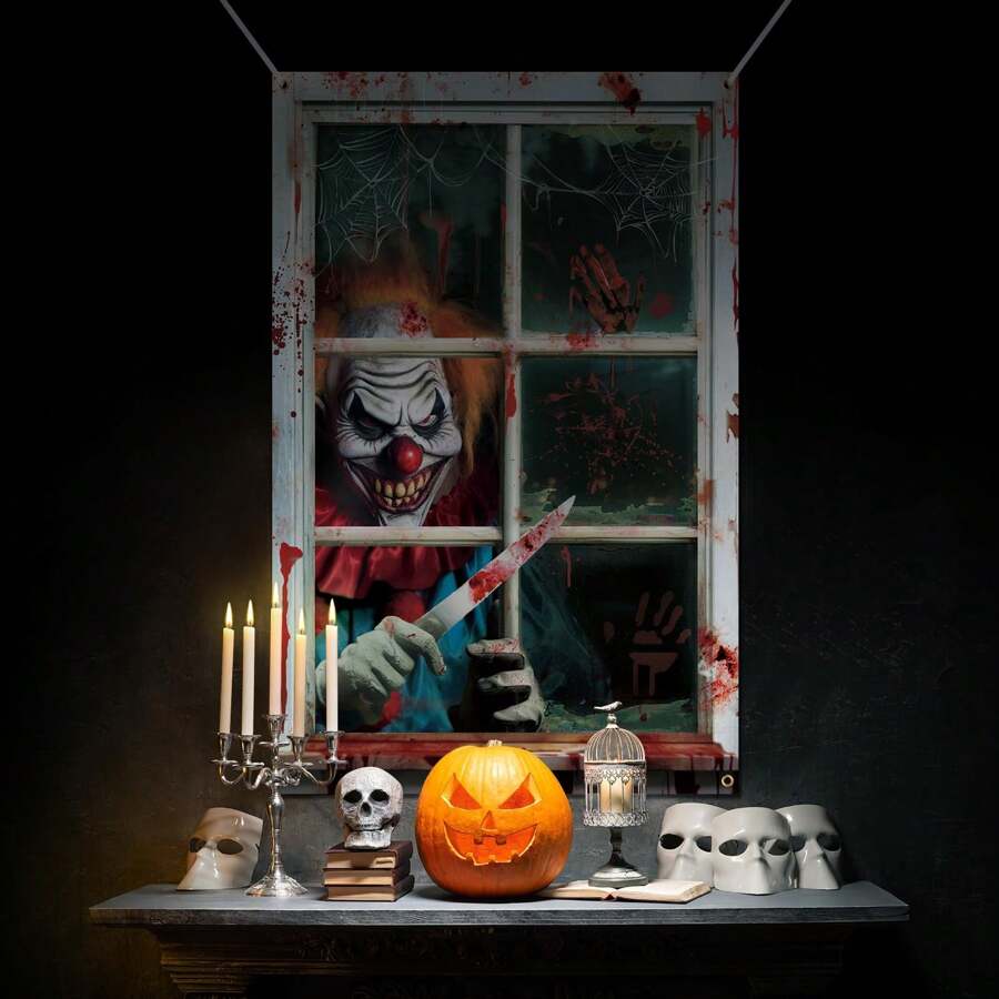 1 Pc Halloween Horror Window Banner Terrifying Clown Pattern, With One ...