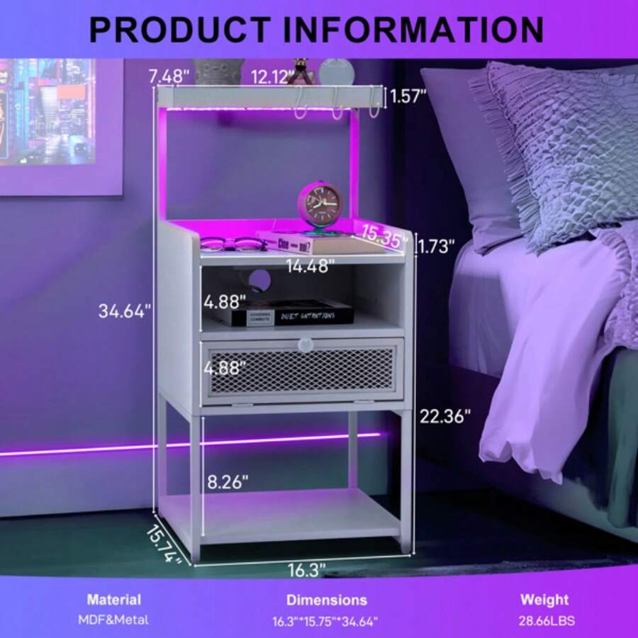 FCH White Wood Steel 1 Drawer Shelf LED Light Strips Nightstand With ...
